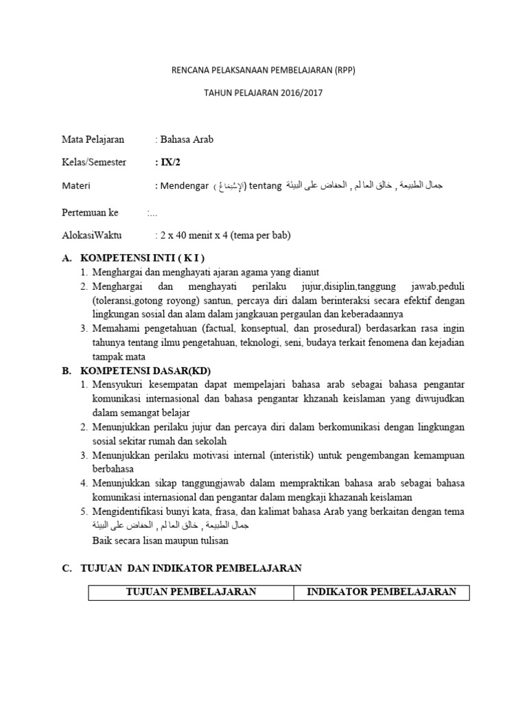 RPP Bahasa Arab Kurtilas Kelas 9 Semester Genap | PDF