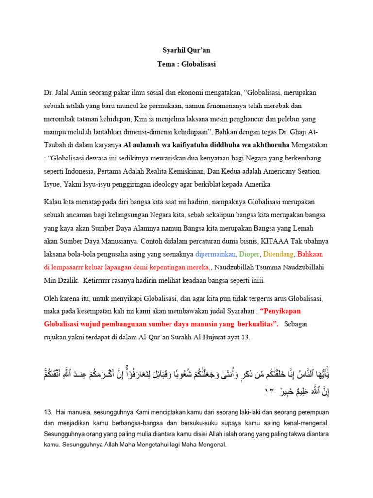 Teks Syarhil Quran Tema Globalisasi Fix | PDF