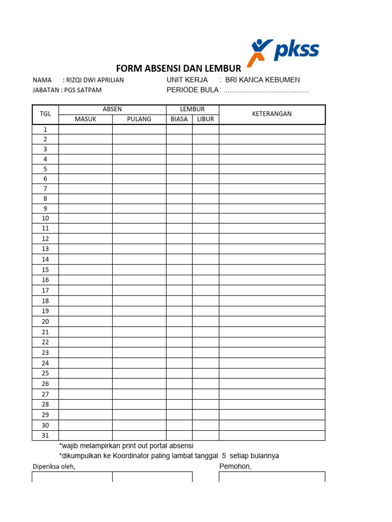 Form Absensi Dan Lembur SECURITY | PDF