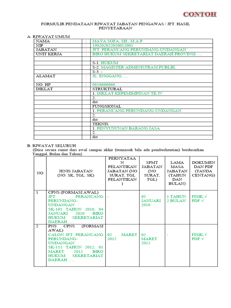 Contoh Formulir Pendataan Riwayat Jabatan Strutural Dan JFT Pns ...