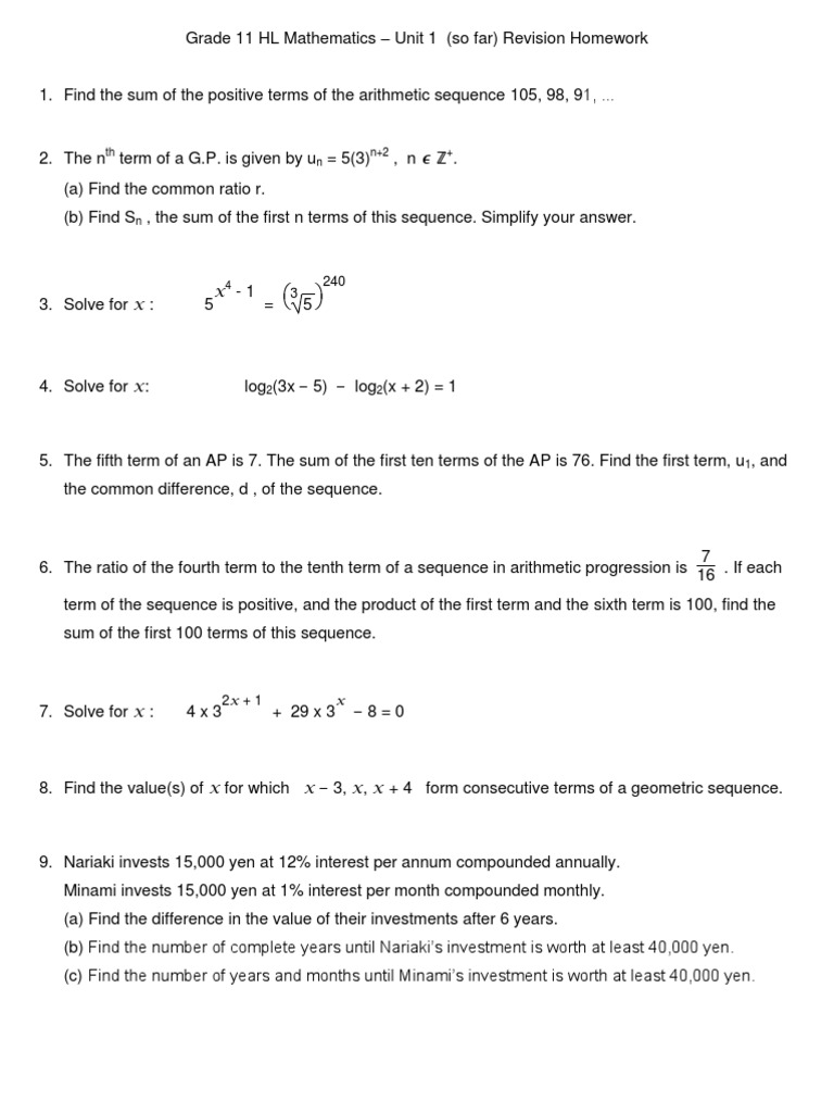Grade 11 HL Math Unit 1 Revision Tasks | PDF | Language Arts & Discipline