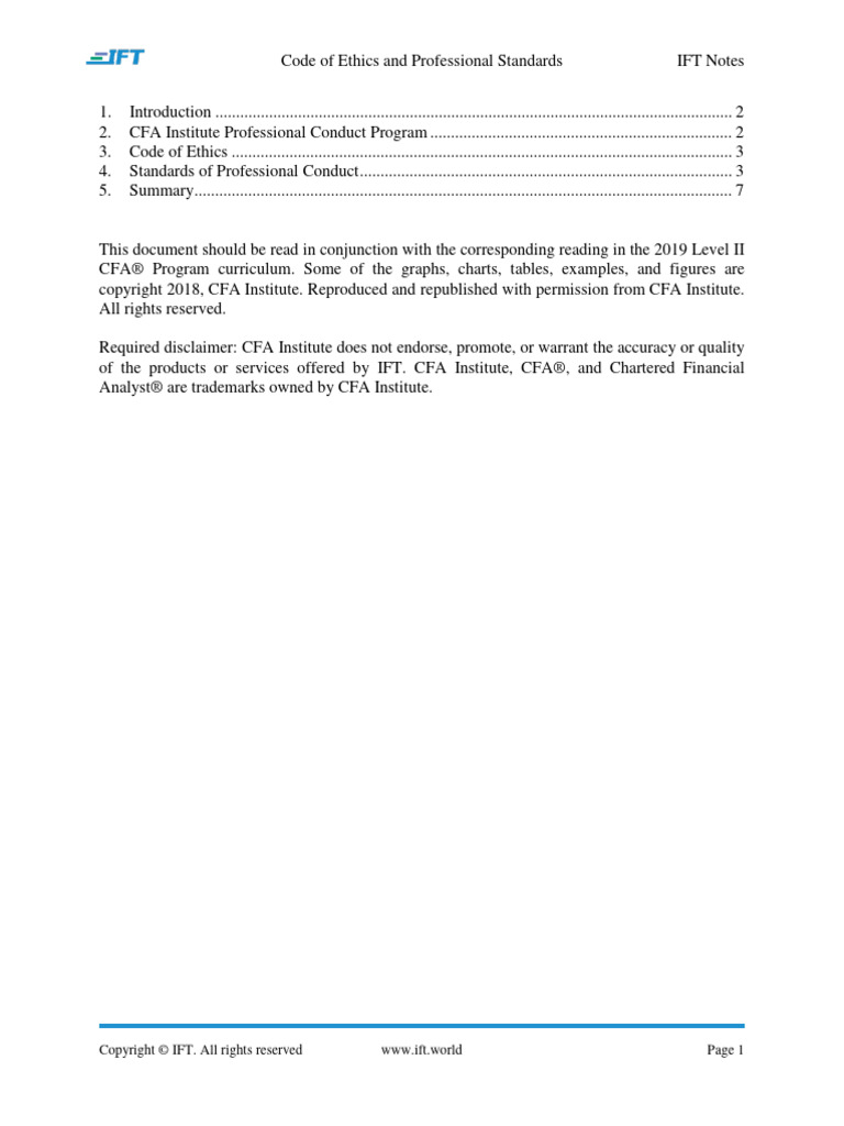 R01 Code of Ethics and Standards of Professional Conduct IFT Notes ...