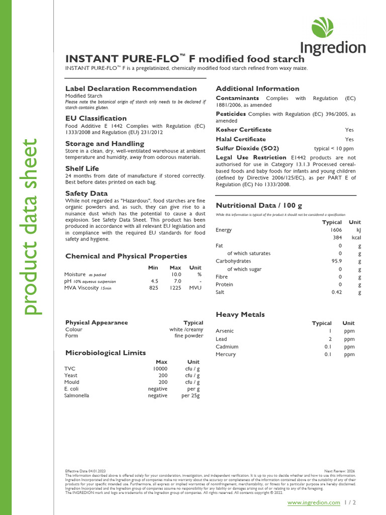 Instant Pure-Flo F - 12166101 - en | PDF | Starch | Food Industry