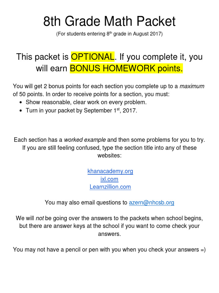 8th Grade Math Packet: This Packet Is OPTIONAL. If You Complete It, You ...