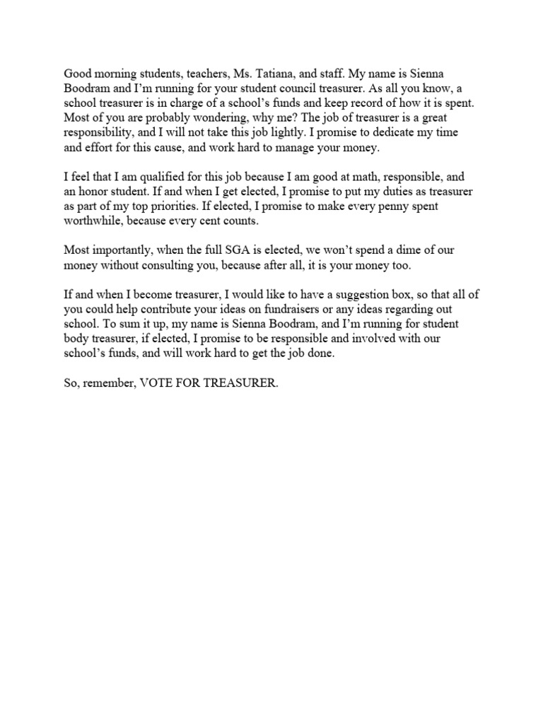 Student Council Treasurer Speech | PDF