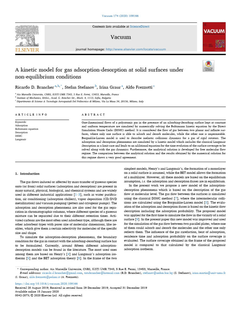 A Kinetic Model For Gas Adsorption-Desorption at Solid Surfaces Under Non-Equilibrium Conditions ...