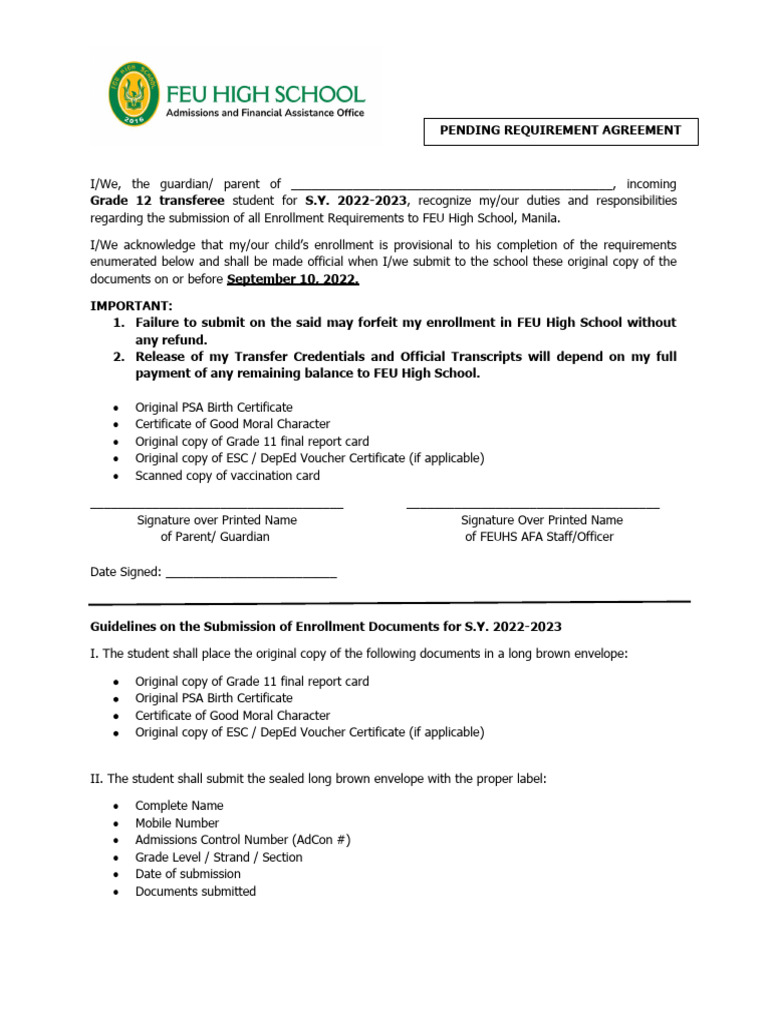FEUHS Pending Requirement Agreement Form S.Y. 22 23 - Grade 12 ...