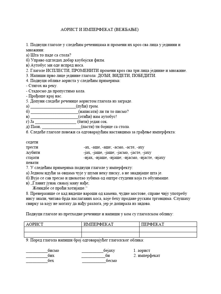 Aorist I Imperfekat Vezbanje | PDF