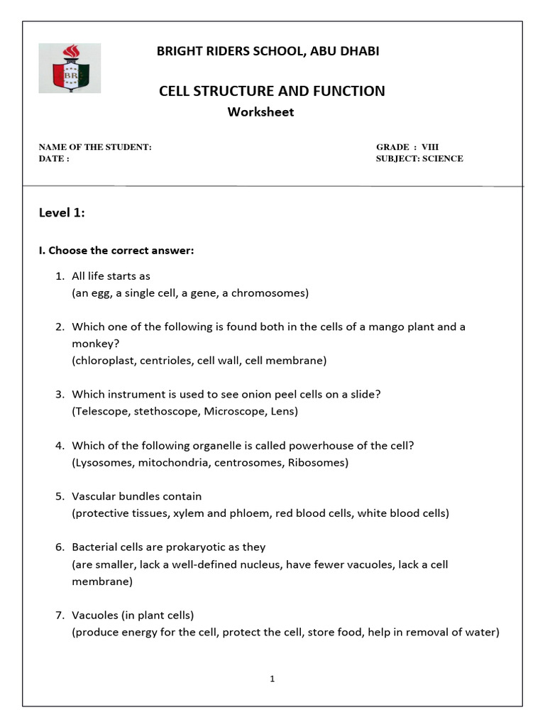 Cell Structure and Function - Worksheet | PDF | Cell (Biology ...