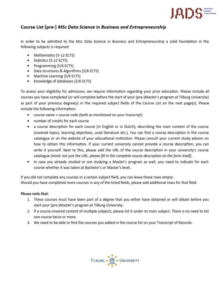 Course List Data Science in Business and Entrepreneurship 2024-2025 ... Course List Data Science in Business and Entrepreneurship 2024-2025 ...
