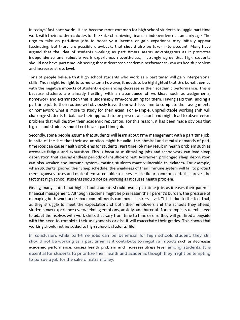Argumentative Essay Part Time Job As Student | PDF | Stress (Biology ...