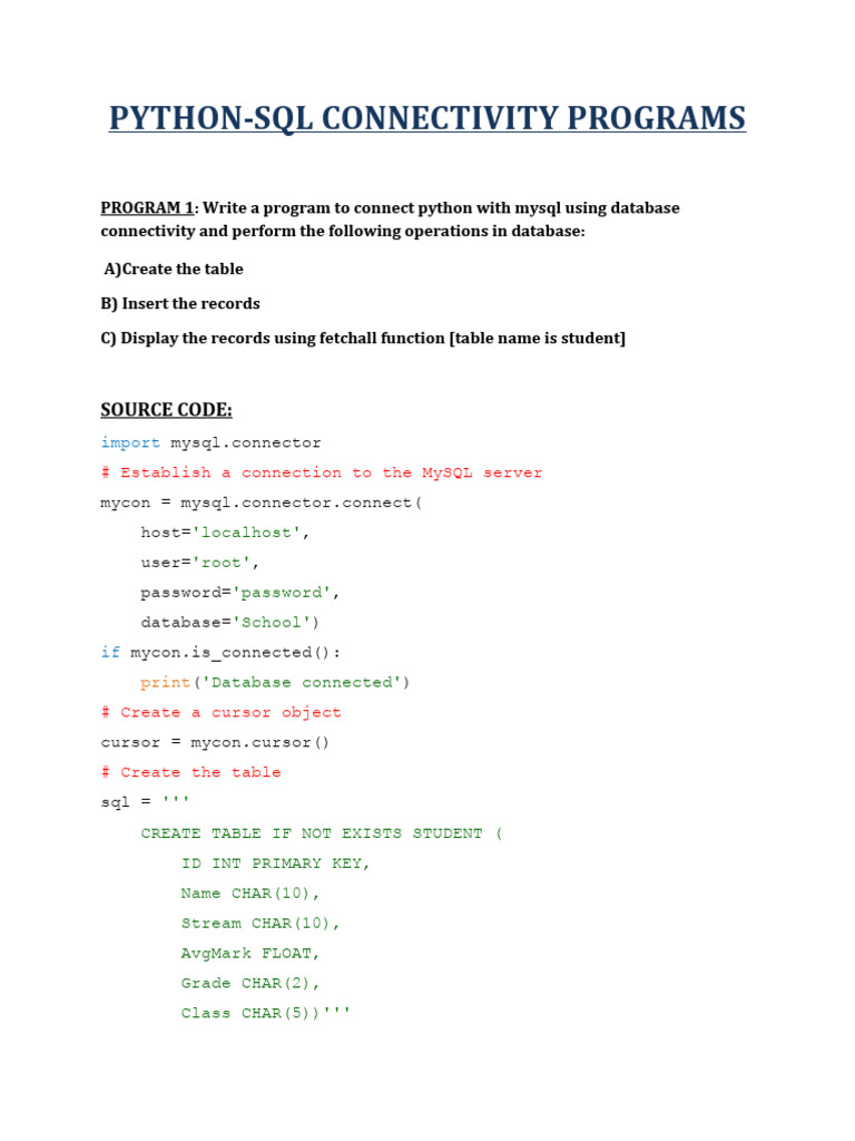 Python MQL Connectivity Programs | PDF | Databases | Sql
