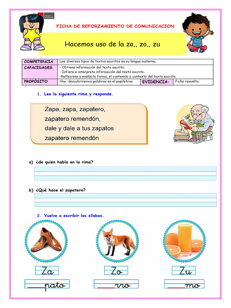 Ficha de Refuerzo: Uso de ZA, ZO, ZU | PDF | Artes del Lenguaje y ...