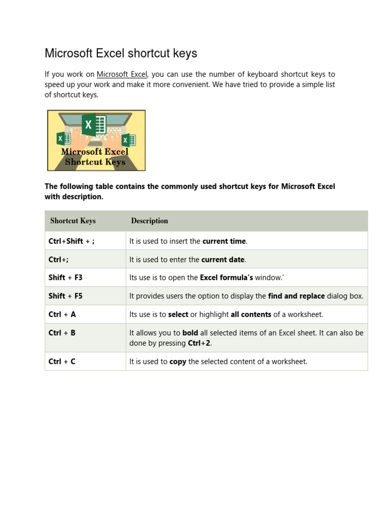 Microsoft Excel Shortcut Keys | PDF | Keyboard Shortcut | Microsoft Excel