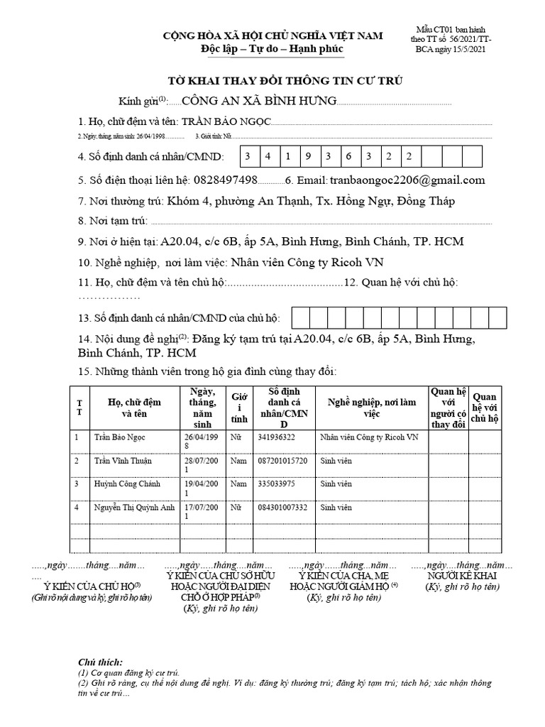 CT01 T Khai Thay Đ I Thông Tin Cư Trú | PDF