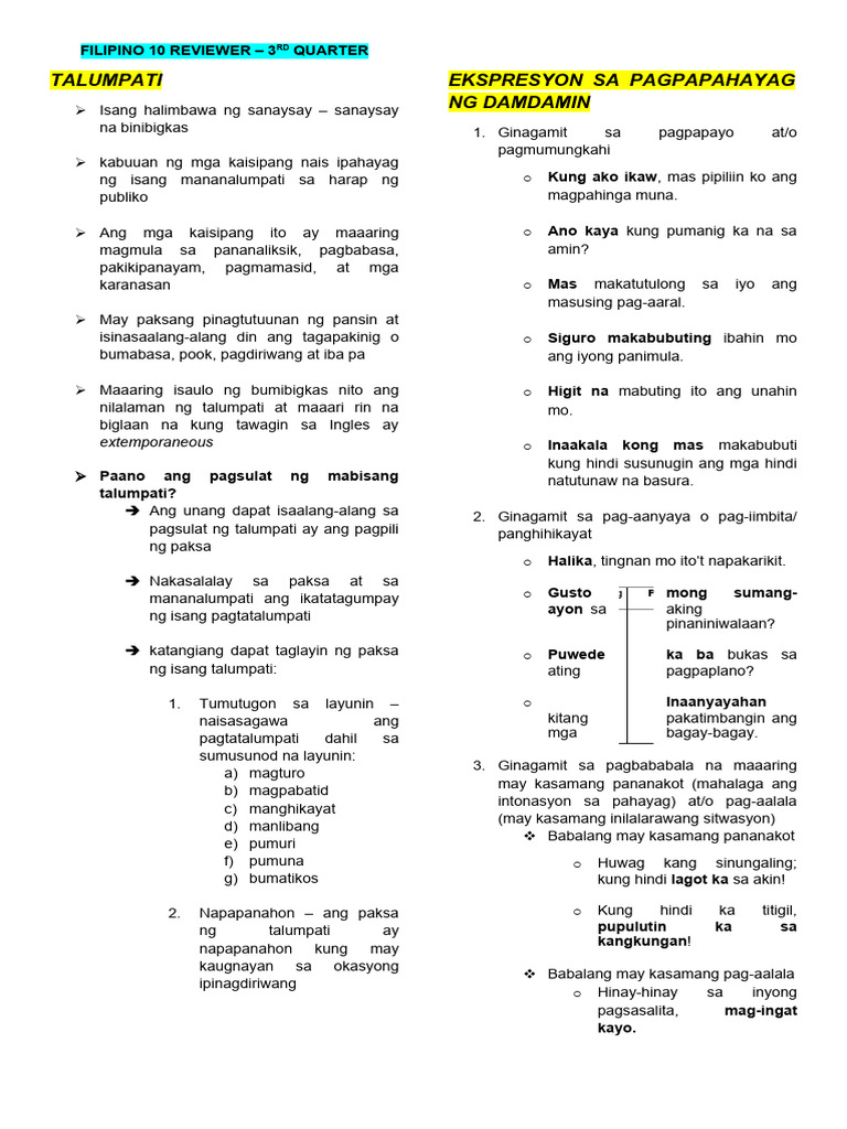 FILIPINO 10 REVIEWER - 3rd Quarter | PDF