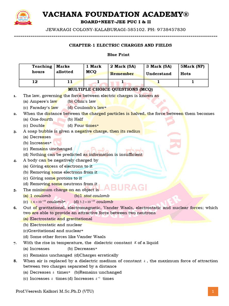 Chapter 1 Electric Charges & Fields STC VM | PDF | Electric Field | Electric Charge
