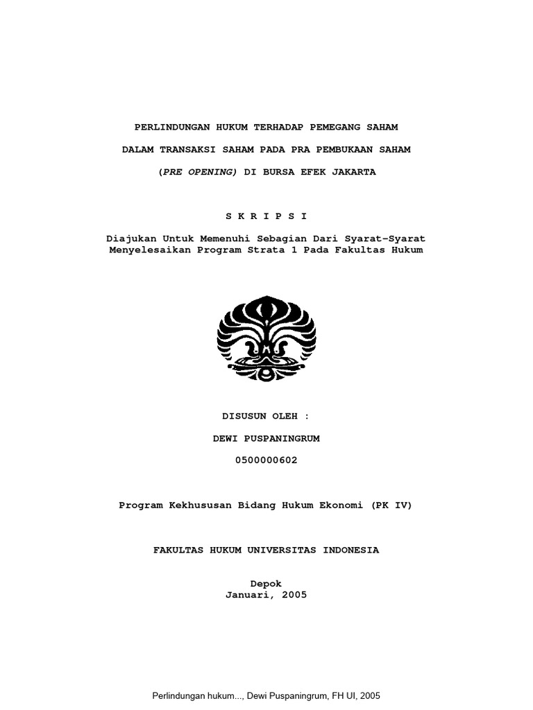 Perlindungan Hukum THD Pemegang Saham Dalam Transaksi Saham Pada Pra Pembukaan Saham Di BEJ | PDF