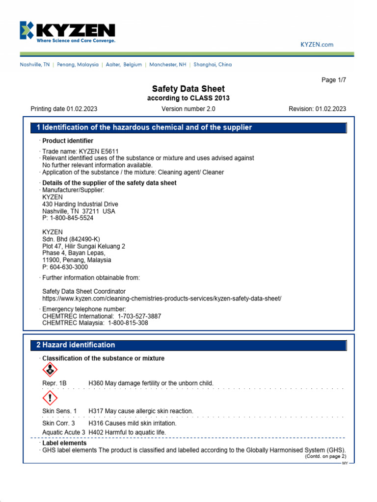 SDS My Kyzen E5611 en 2.0 2023-02-01-1683252211048 | PDF | Occupational ...