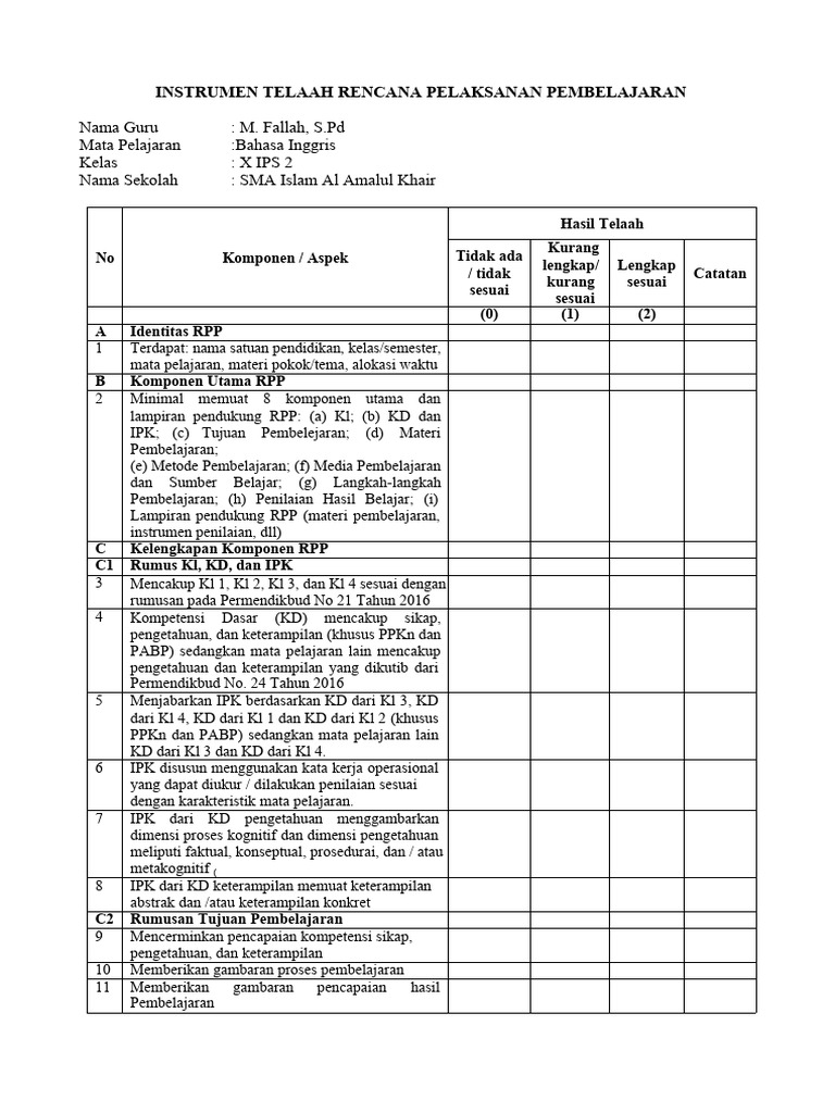 Instrumen Telaah Rencana Pelaksanan Pembelajaran | PDF Instrumen Telaah Rencana Pelaksanan Pembelajaran | PDF