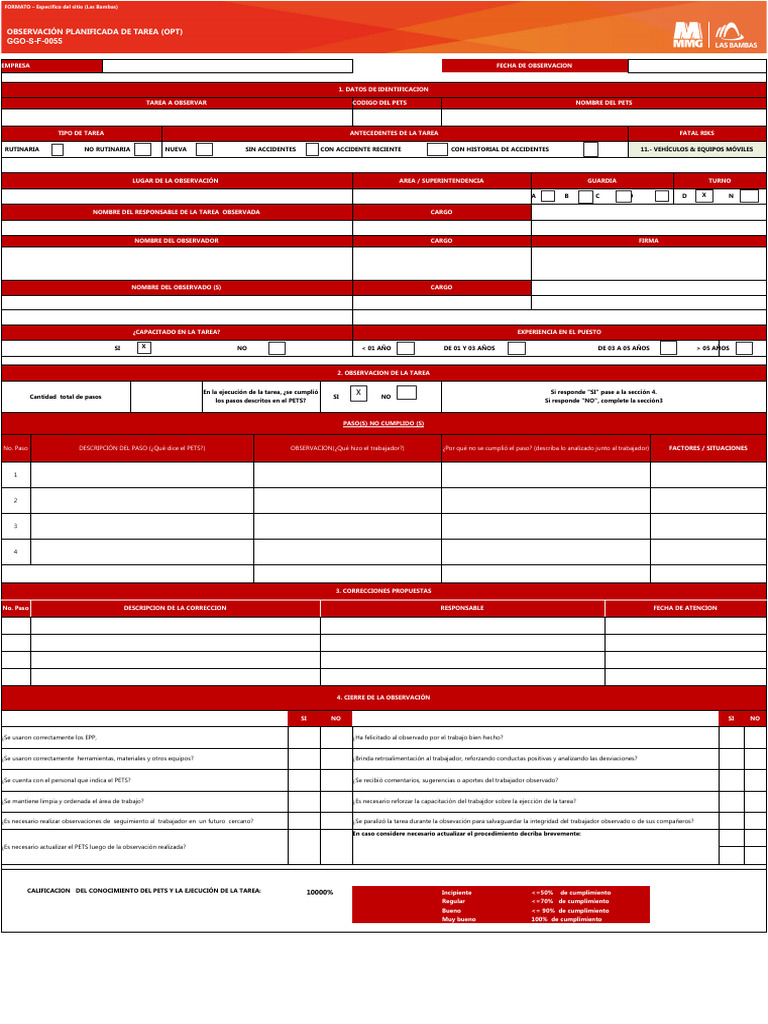 GGO-S-F-0055 Observación Planificada de Tarea - OPT - FORMATO | PDF