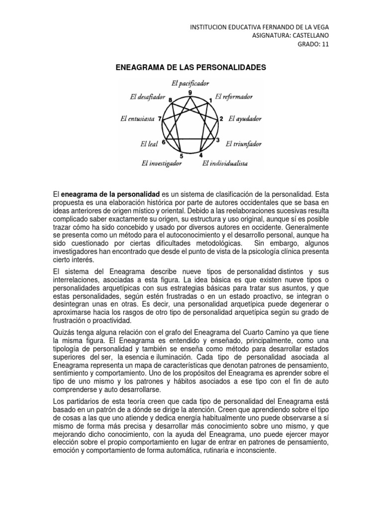 Tema Eneagrama de Las Personalidades Grado 11 | PDF | Eneagrama de la personalidad | Sicología