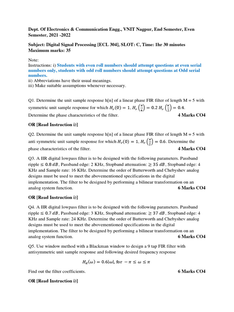 Question Paper - ECL304 - DSP | PDF | Filter (Signal Processing) | Algorithms