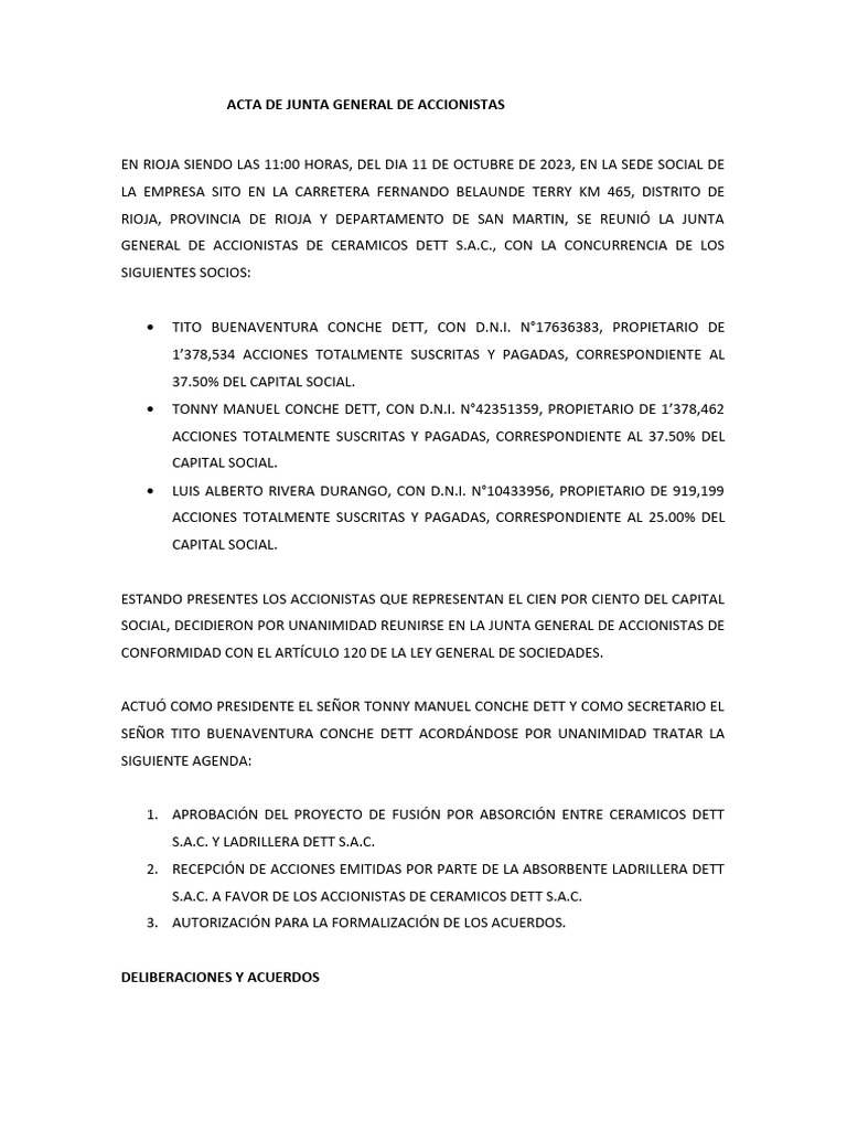 Acta de Junta General de Accionistas Ceramicos Dett S.A.C. | PDF | Gobierno