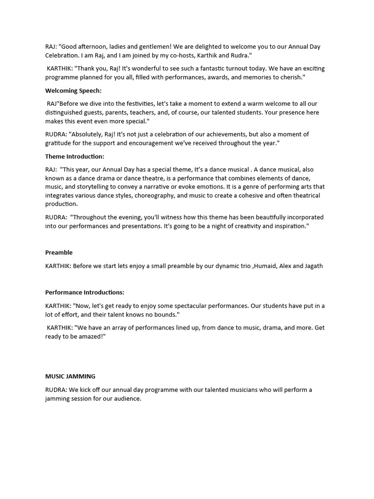 Annual Day Emcee Script | PDF | Entertainment | Performing Arts