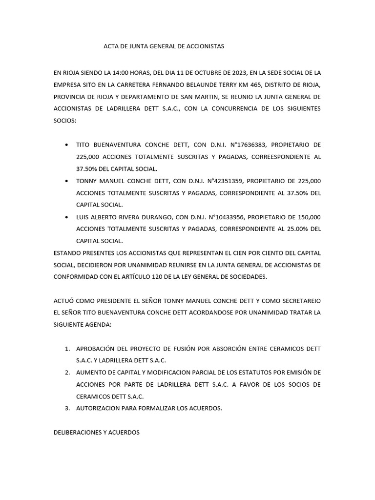 Acta de Junta General de Accionistas Ladrillera | PDF Acta de Junta General de Accionistas Ladrillera | PDF
