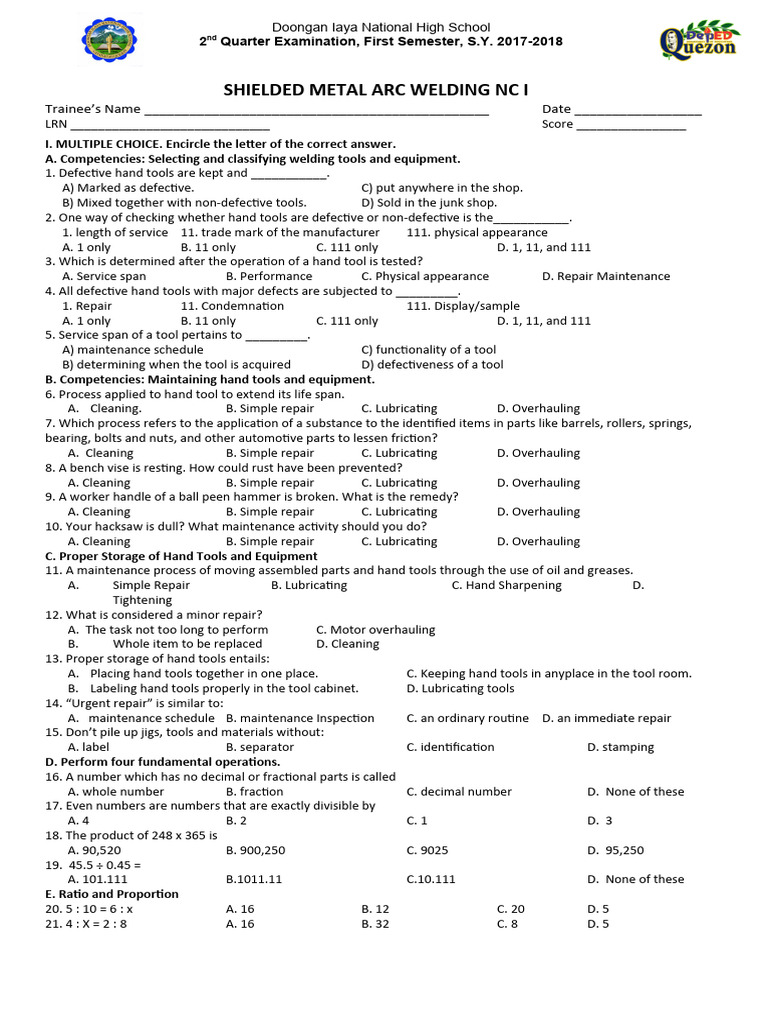 2nd Quarter Exam in Smaw NC I Final2 | PDF | Hazards | Welding