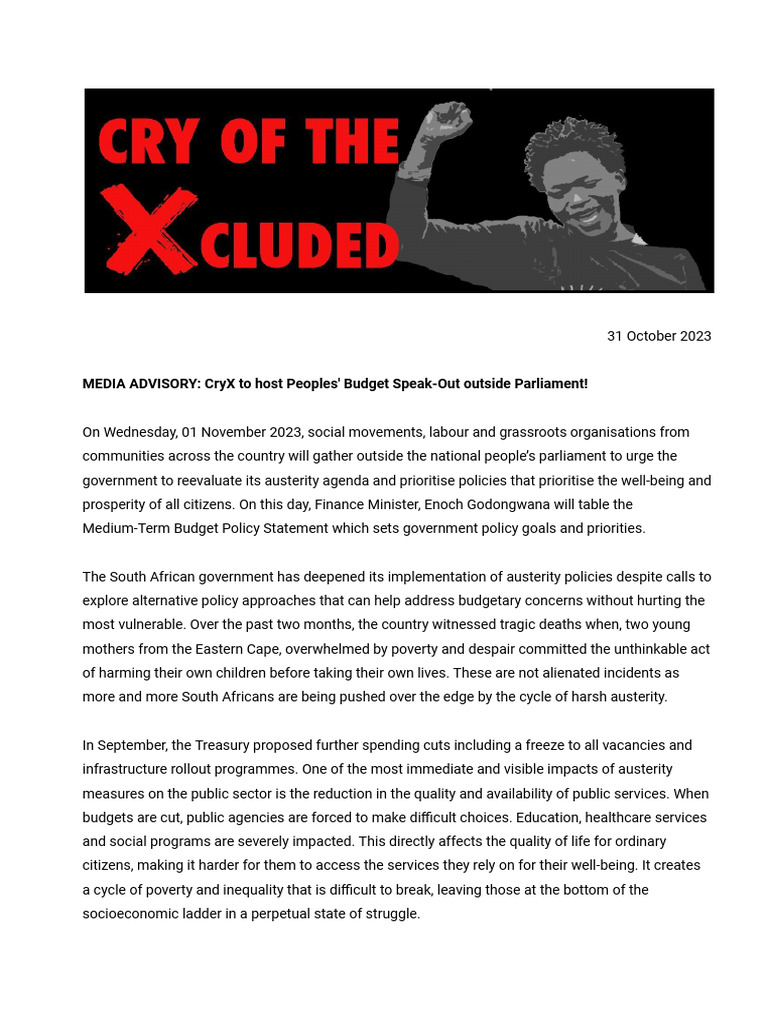 MEDIA ADVISORY - CryX To Host Peoples' Budget Speak-Out Outside Parliament! | PDF | Austerity ...