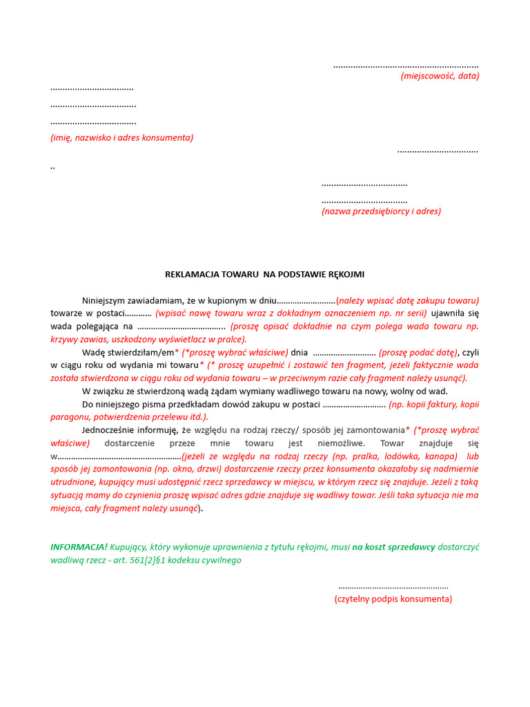 Reklamacja Towaru Na Podstawie Rekojmi Z Zadaniem Wymiany | PDF