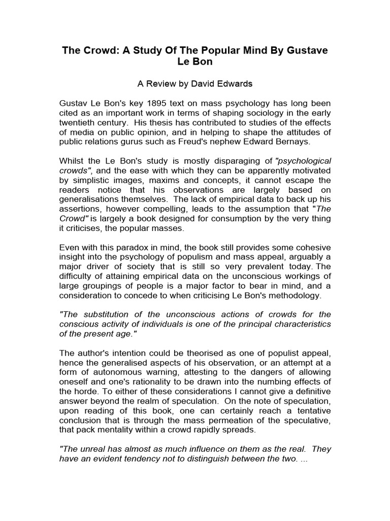 The Crowd A Study of The Popular Mind by | PDF | Mind | Idea