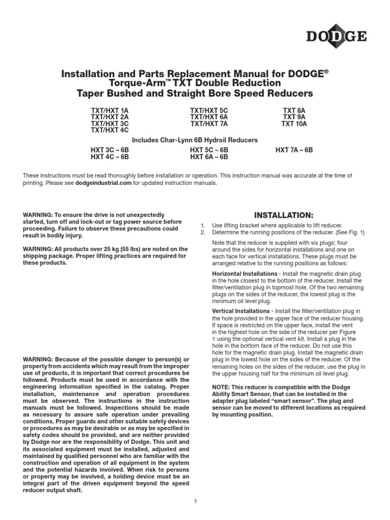 Installation and Parts Replacement Manual For DODGE Torque-Arm TXT ...