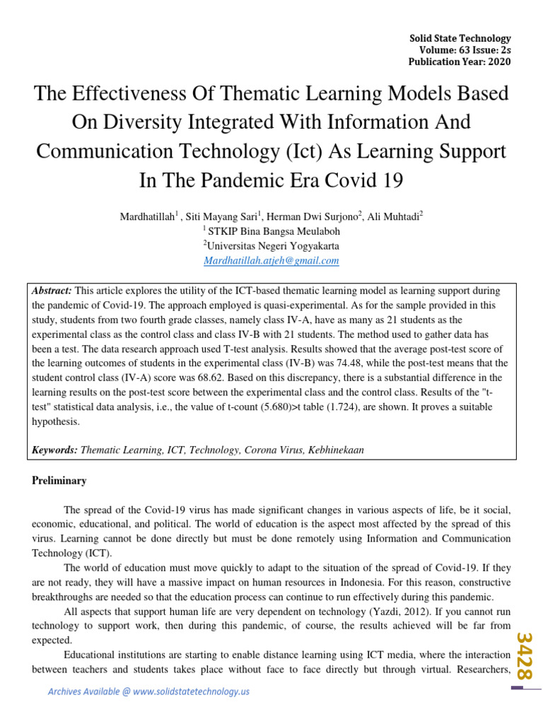 The Effectiveness of Thematic Learning Models Based | PDF | P Value ...