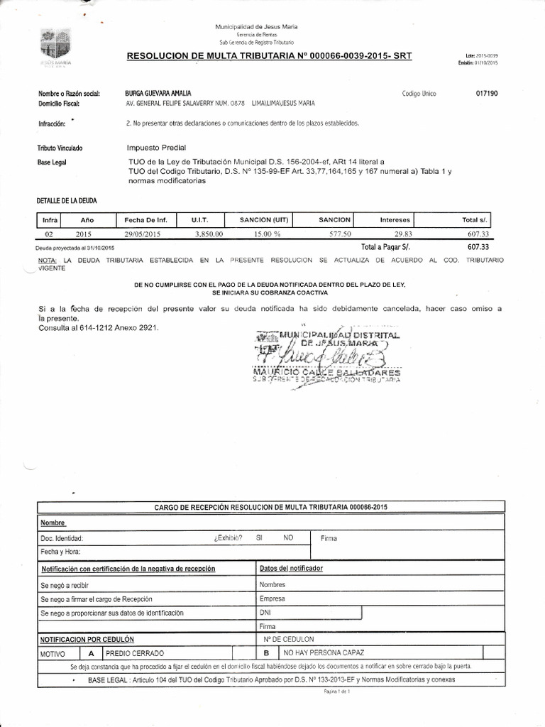 Modelo Multa Tributaria en Base Uit | PDF