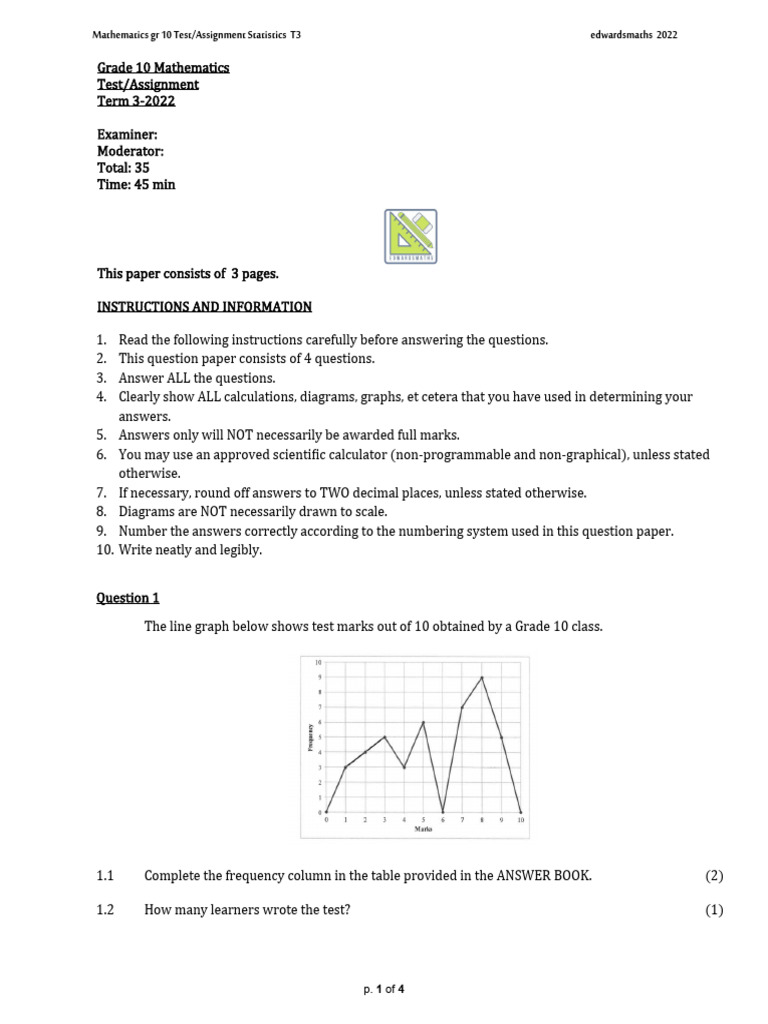 GR 10 Edwardsmaths Test or Assignment Statistics T3 2022 Eng | PDF ...