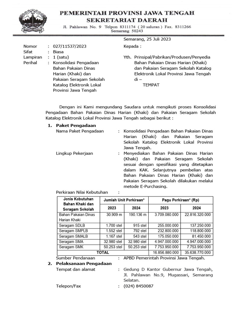 Revisi - Pengumuman Konsolidasi PDH Dan Seragam Sekolah Jateng | PDF