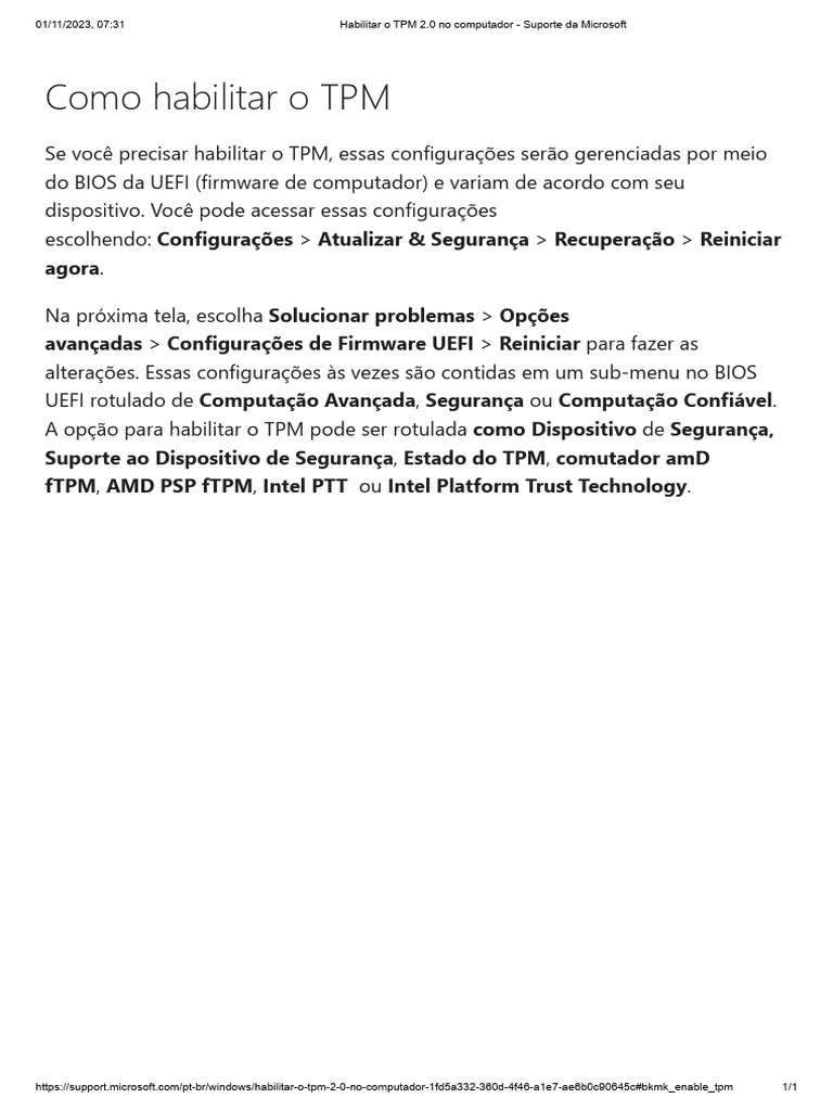 Habilitar TPM 2.0 no BIOS UEFI | PDF