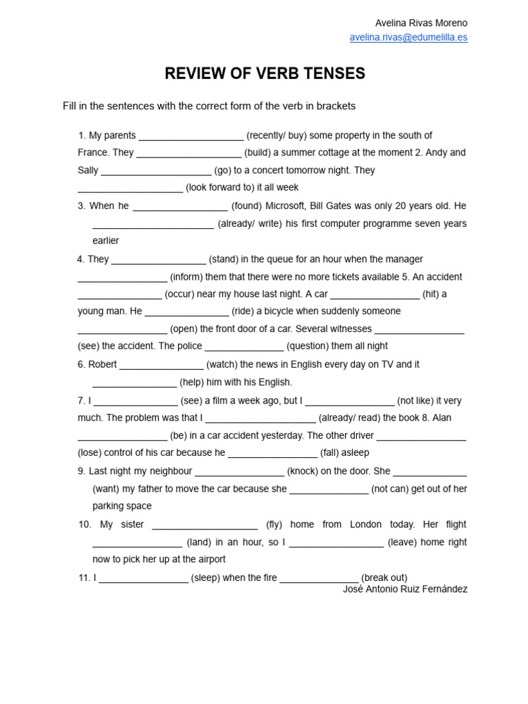 Verb Tenses Exercises | PDF | Linguistics