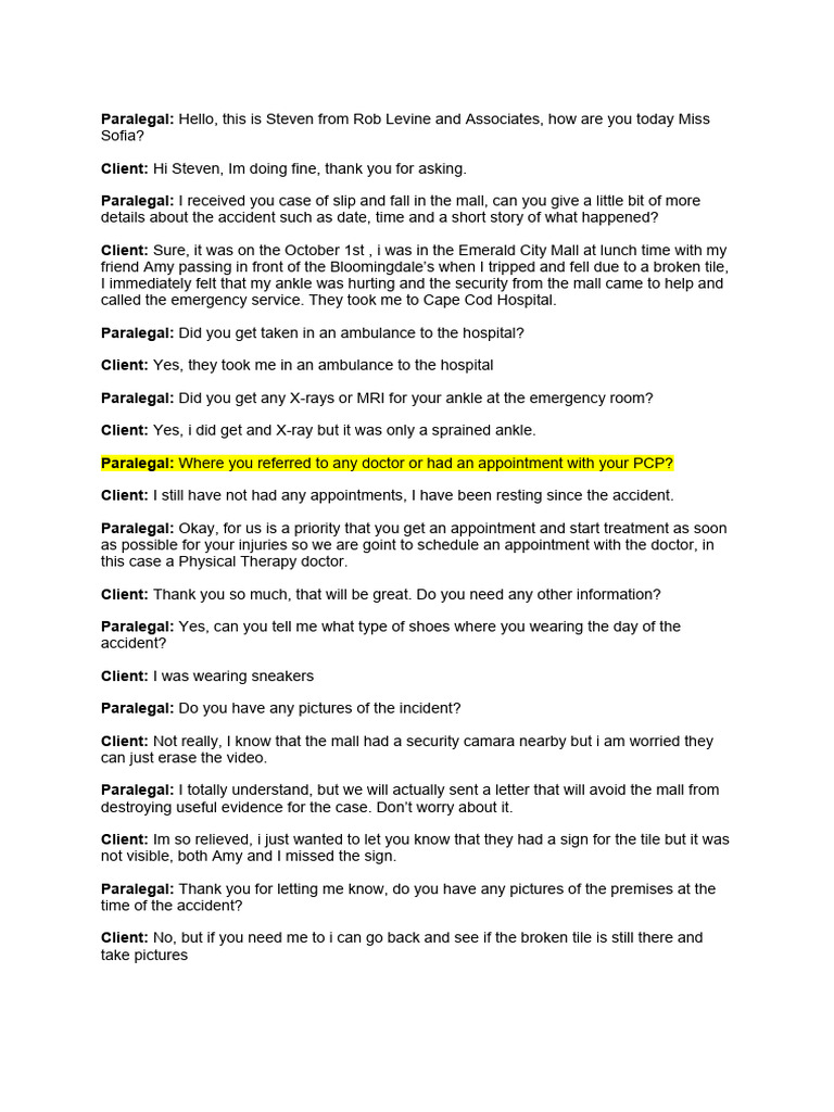 Script Intake Slip and Fall Adrian y Sofia | PDF