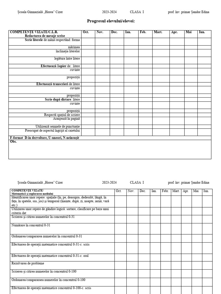 Fisa Progres Clasa I | PDF