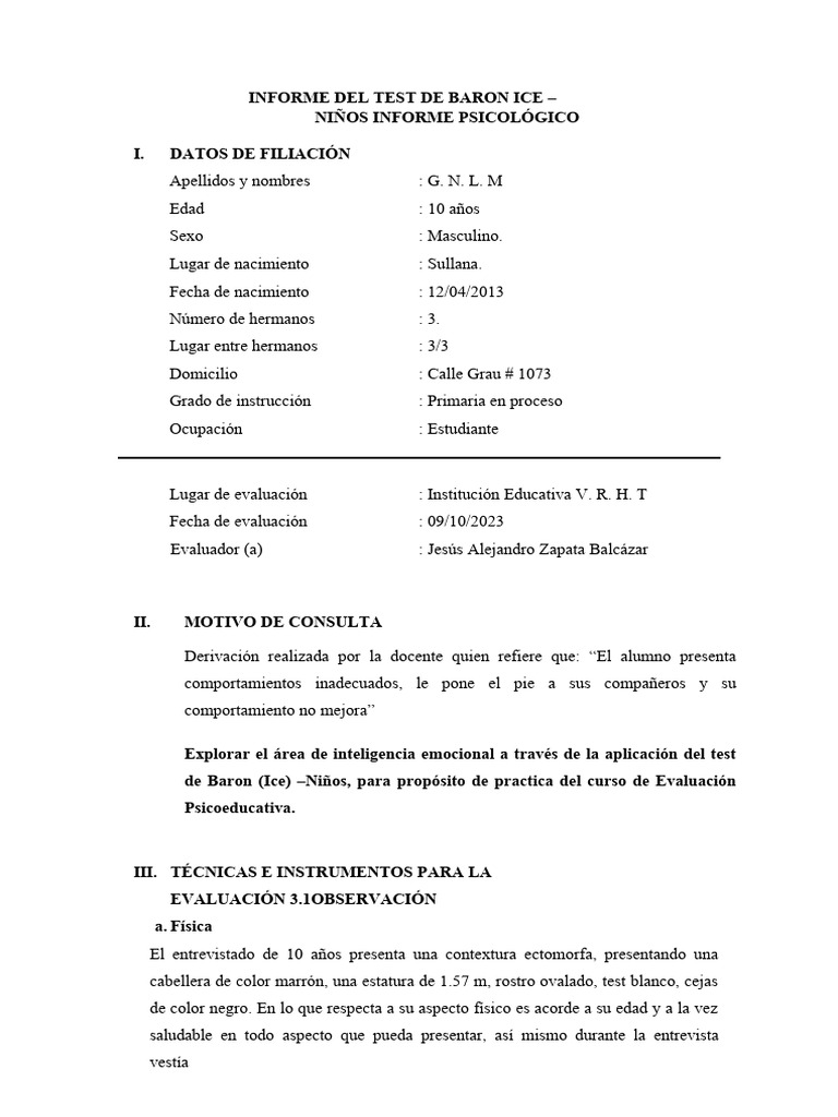 Informe Del Test de Baron Ice | PDF | Las emociones | Evaluación