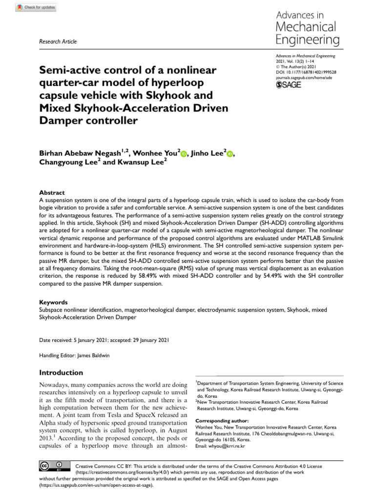 Semi-Active Control of A Nonlinear Quarter-Car Model of Hyperloop Capsule Vehicle With Skyhook ...