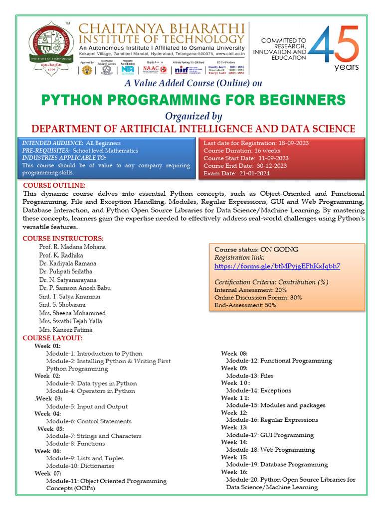 A Value Added Course On Python Programming For Beginners 2 Pdf Python Programming Language