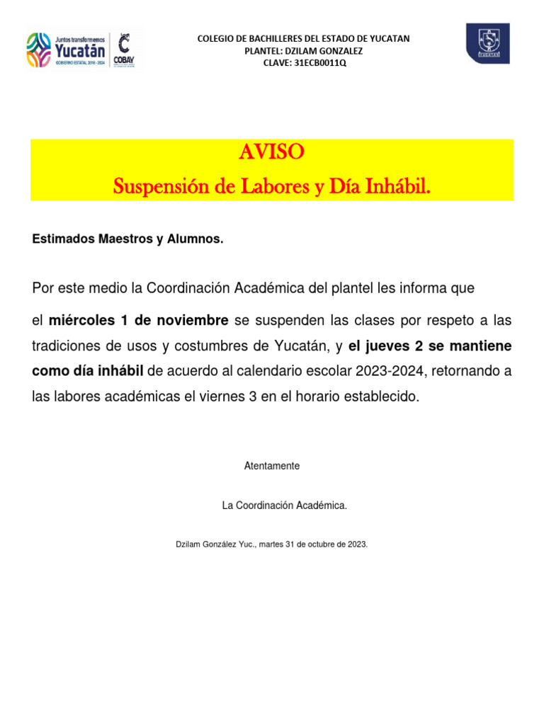 Suspension de Labores y Dia Inhabil | PDF