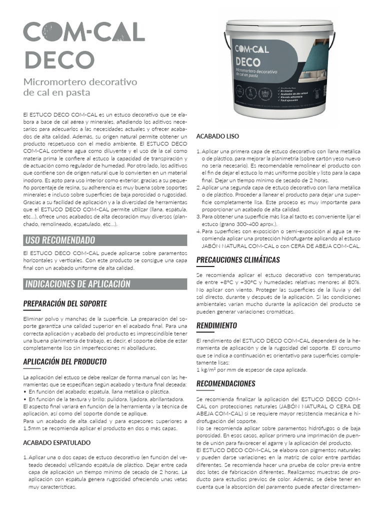 FT - DECO - 2023 - Micromortero Decorativo de Cal en Pasta (Deco) | PDF | Agua | Materiales