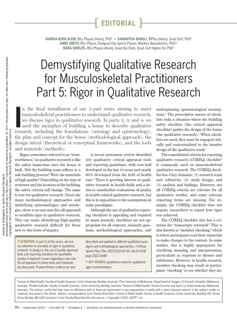 Klem Et Al 2022 - Part 5 Rigor in Qualitative Research | PDF ...