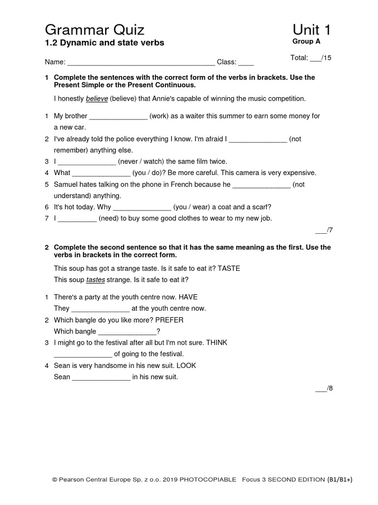 Focus 3 Unit 1 Grammar Quiz | PDF